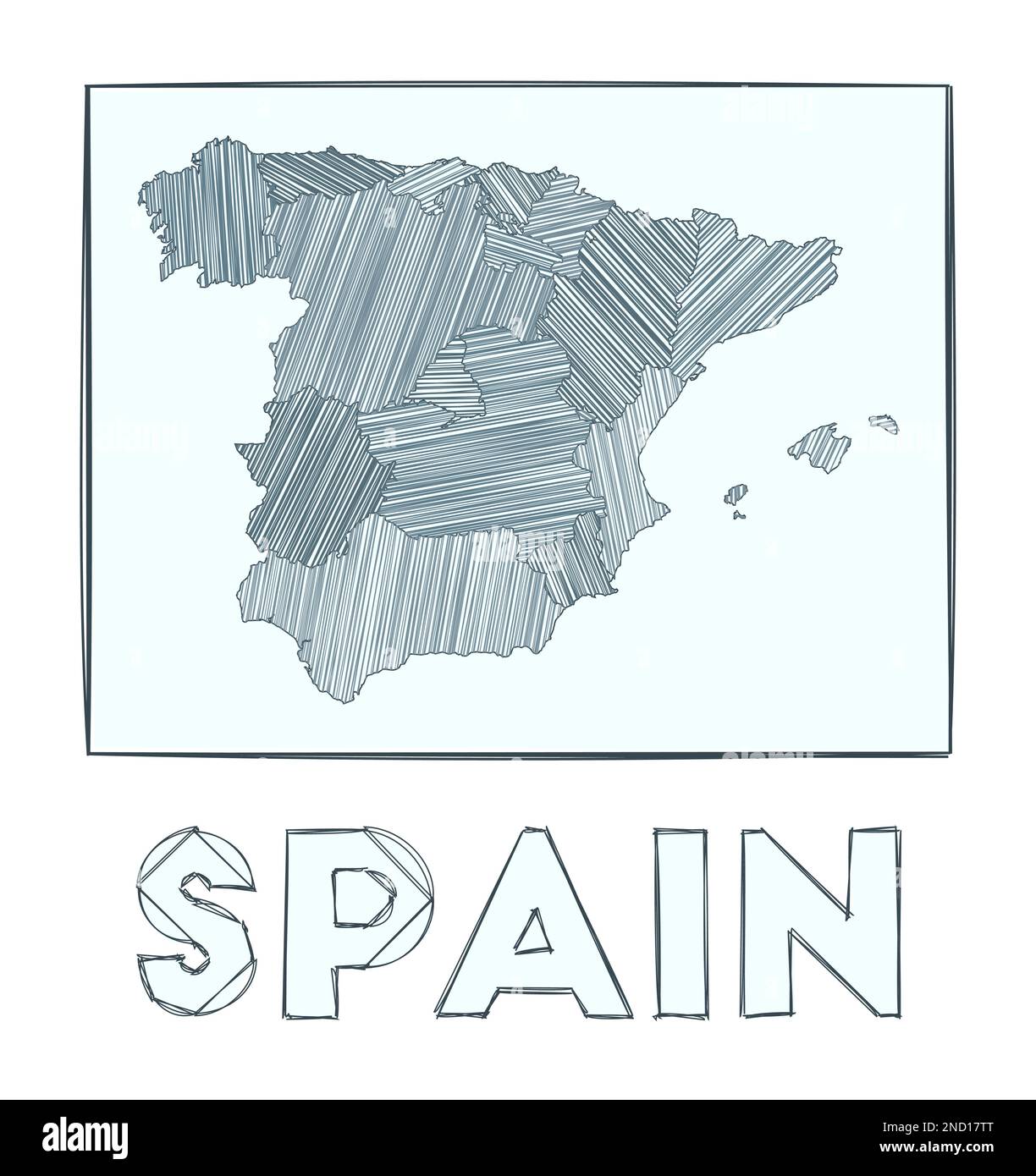 Sketch map of Spain. Grayscale hand-drawn map of the country. Filled ...