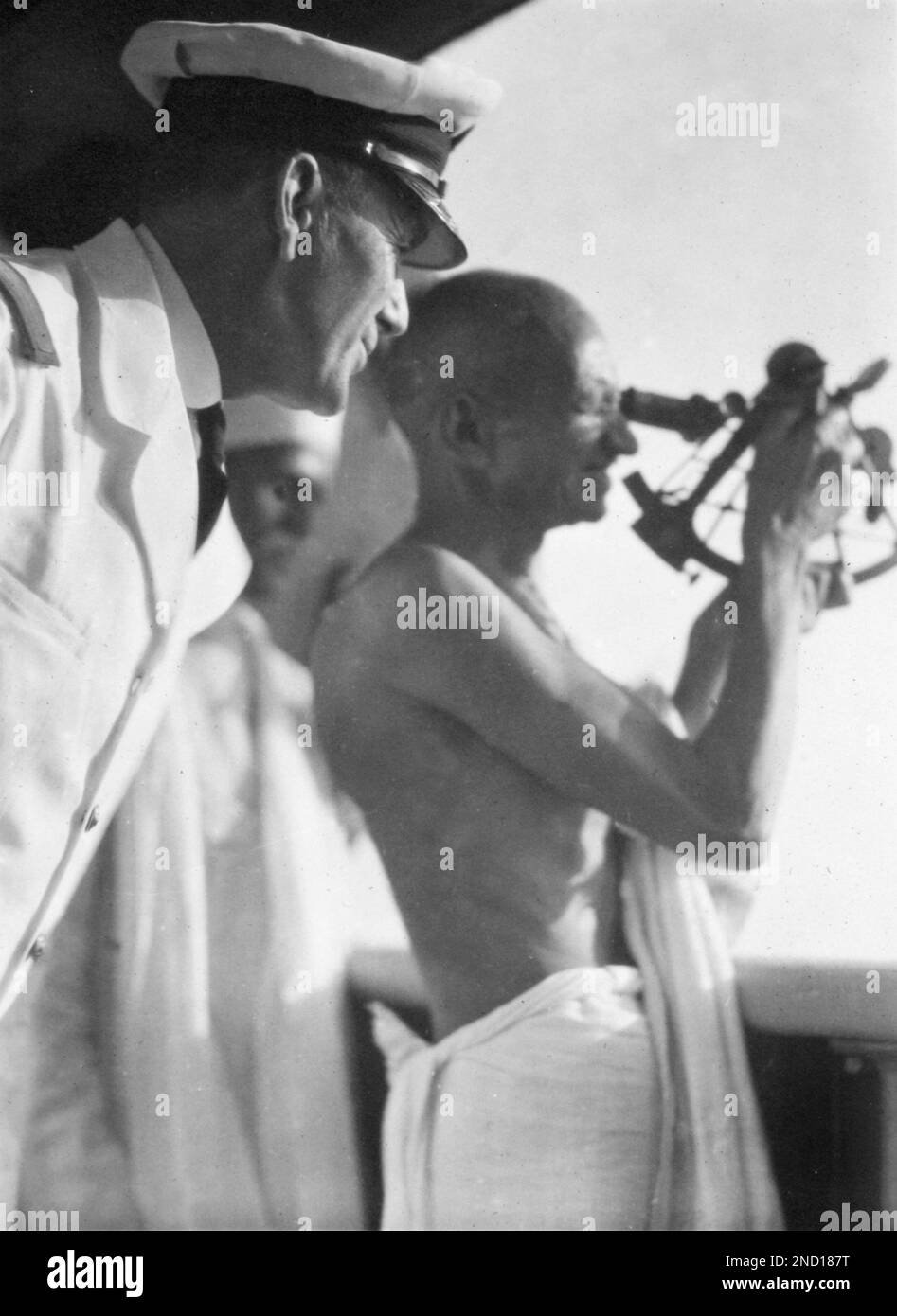 Mahatma Gandhi with Captain H. Jack Morton aboard the S.S. Rajputana en ...