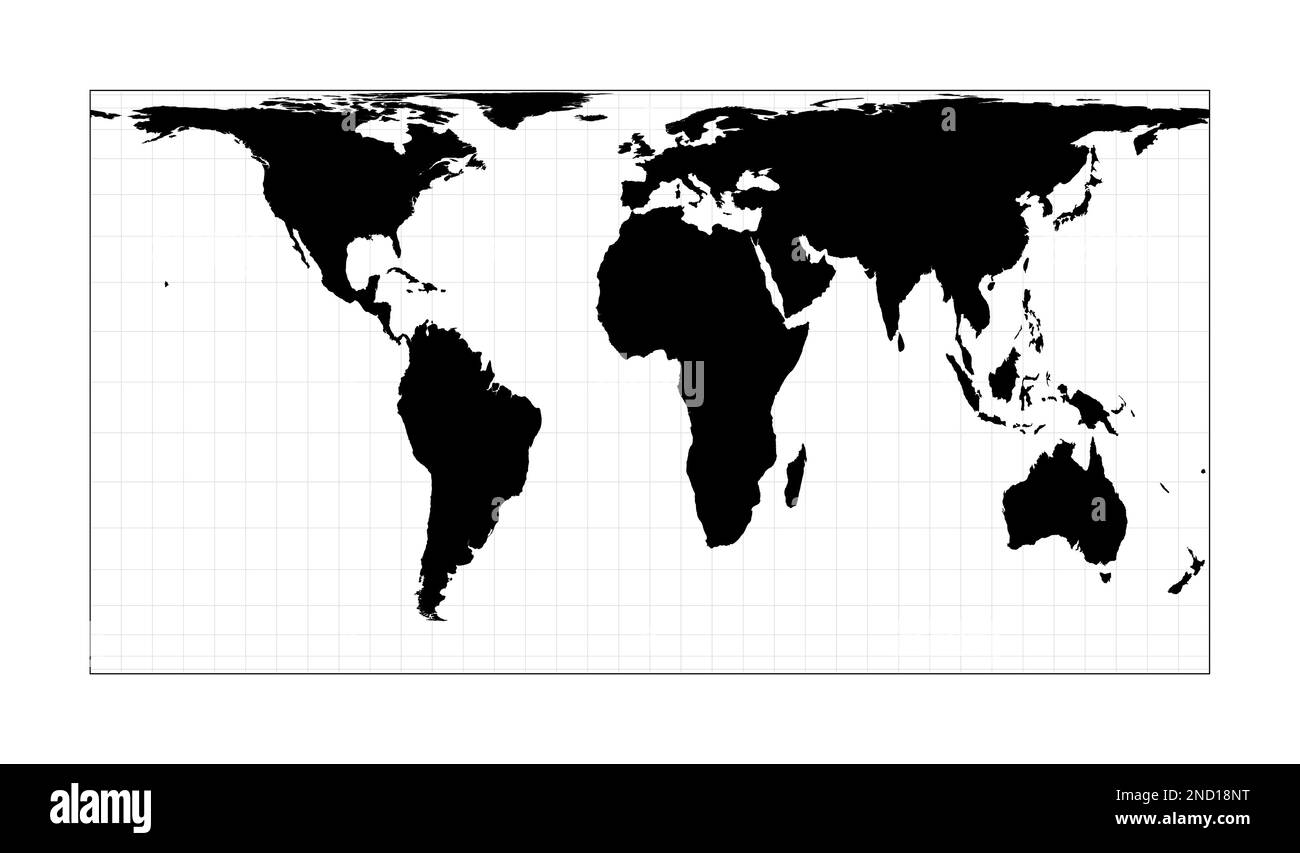 Black world map on white background. Cylindrical equal-area projection ...