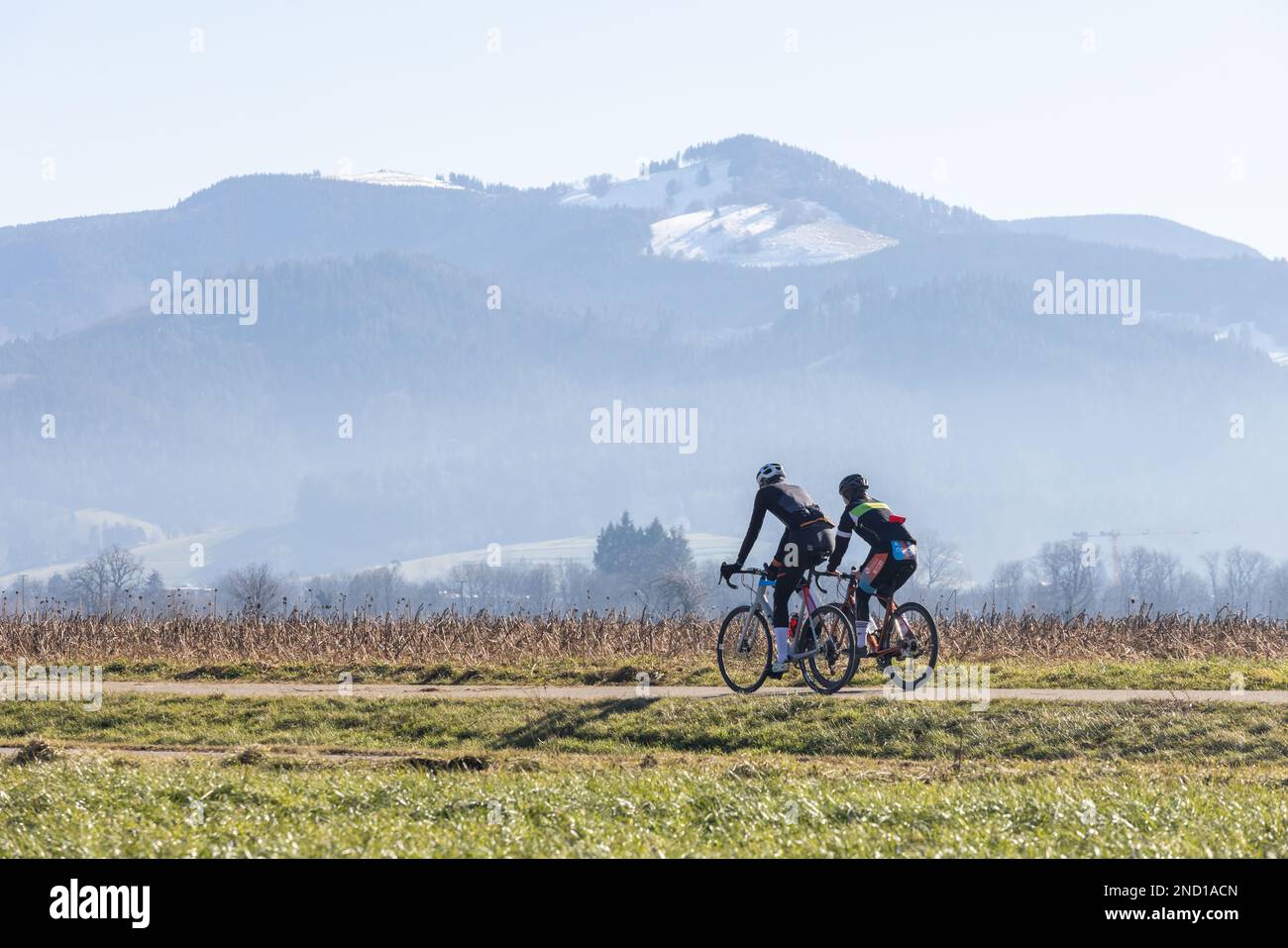 Kirchzarten, Germany. 15th Feb, 2023. Two cyclists ride on a bike path ...