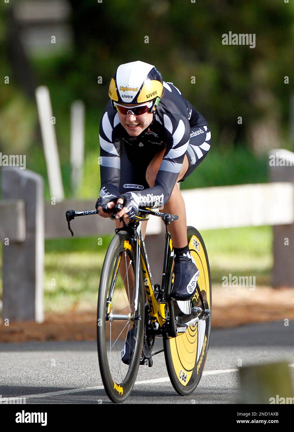 New Zealand's Linda Villumsen competes in the women's elite time trial ...