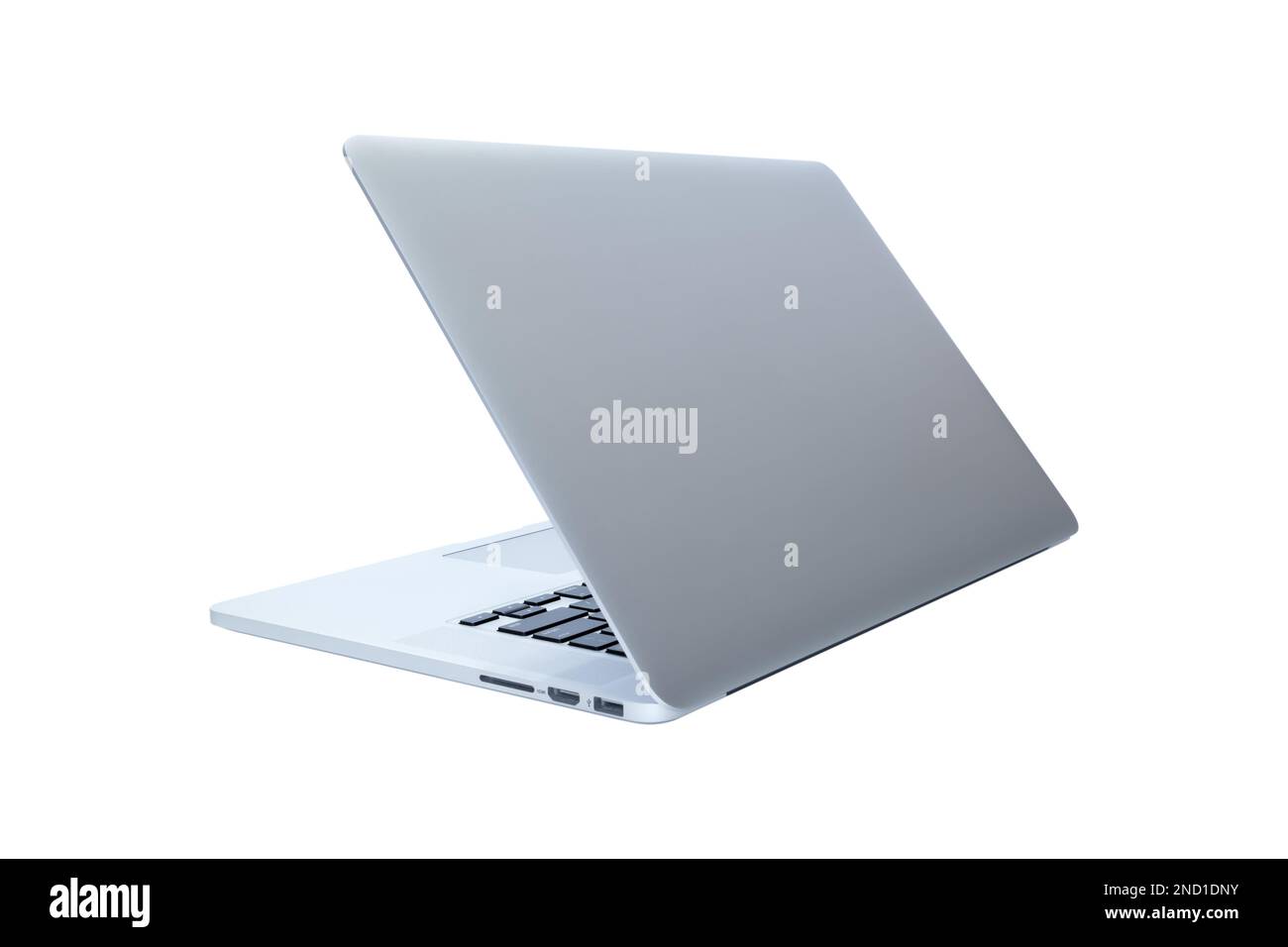 Flat modern laptop isolated on white background. Side angle view ...