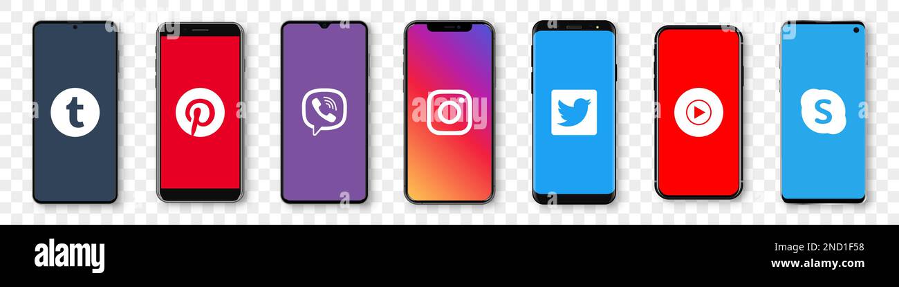 Set of realistic smartphone mockup with social network logos Stock ...