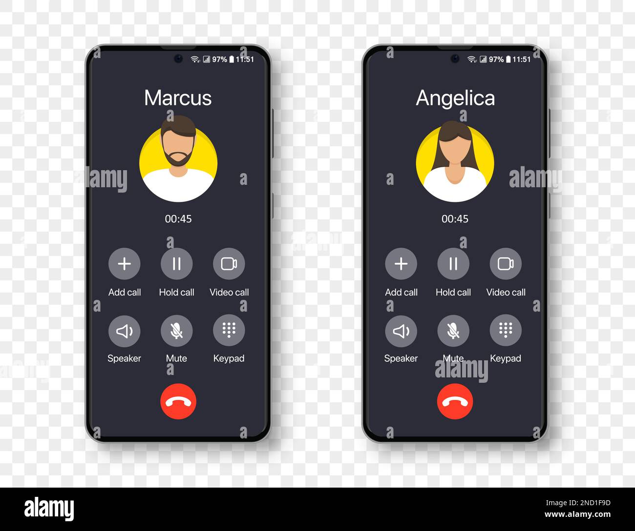 Smartphone call app interface template with man and woman user icon ...