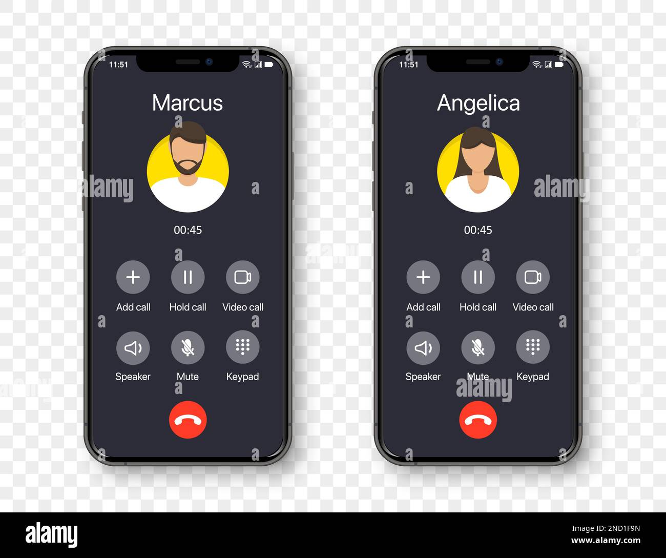 Smartphone call app interface template with man and woman user icon ...