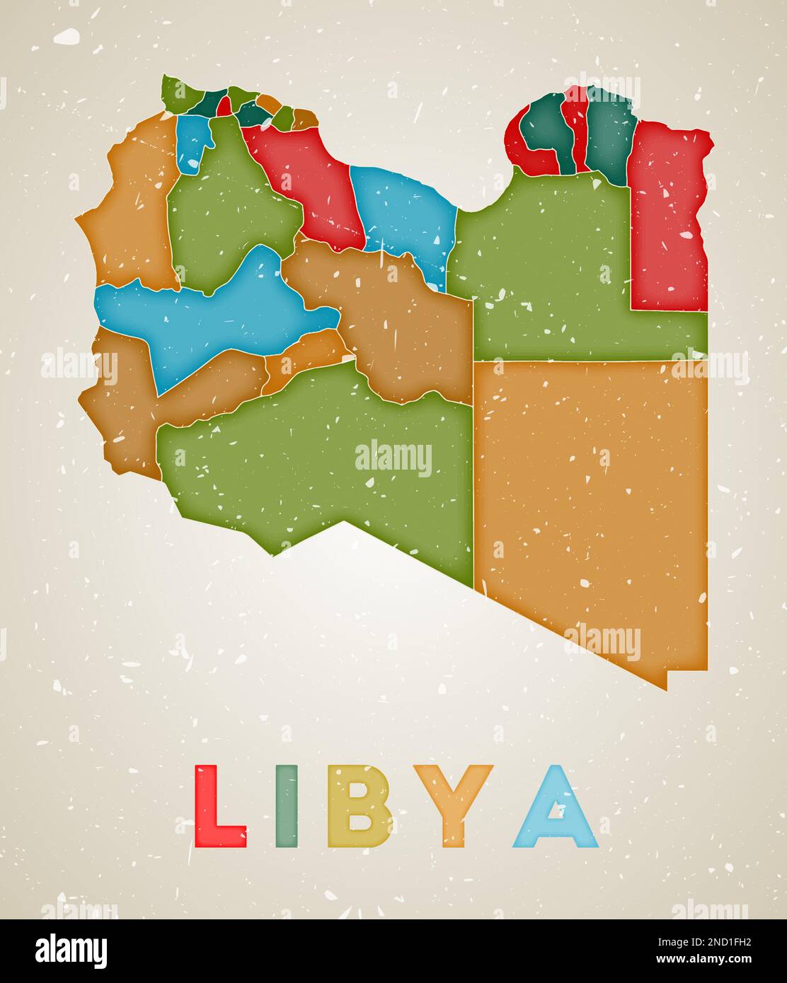 Libya map. Country poster with colored regions. Old grunge texture. Vector illustration of Libya ...