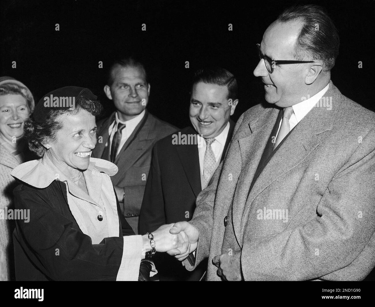 Hanna Reitsch, famous German aviatrix is greeted with a hand shake by ...