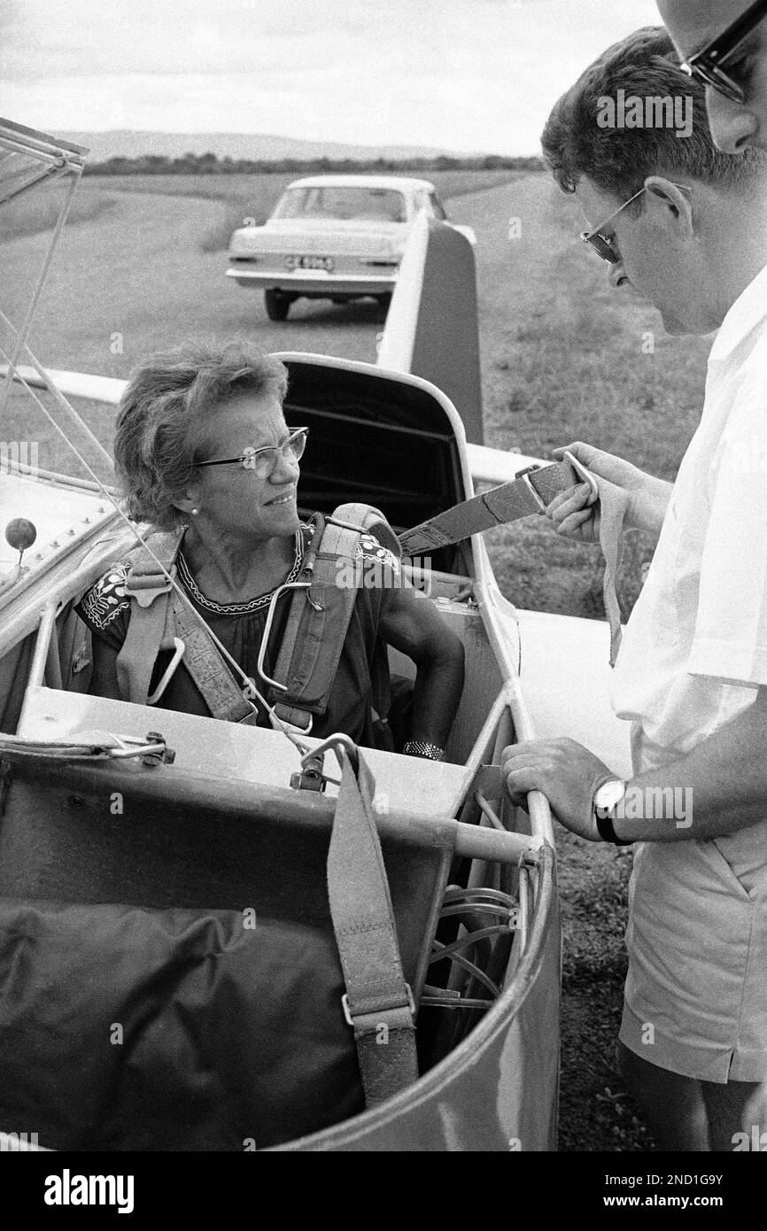 German ace pilot Hanna Reitsch is strapped into the seat in the cockpit ...