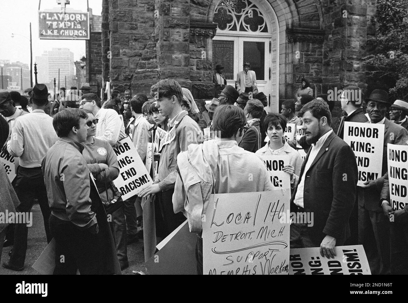 People crowd around Memphis’ Clayborn Temple on April 8, 1968 and carry ...
