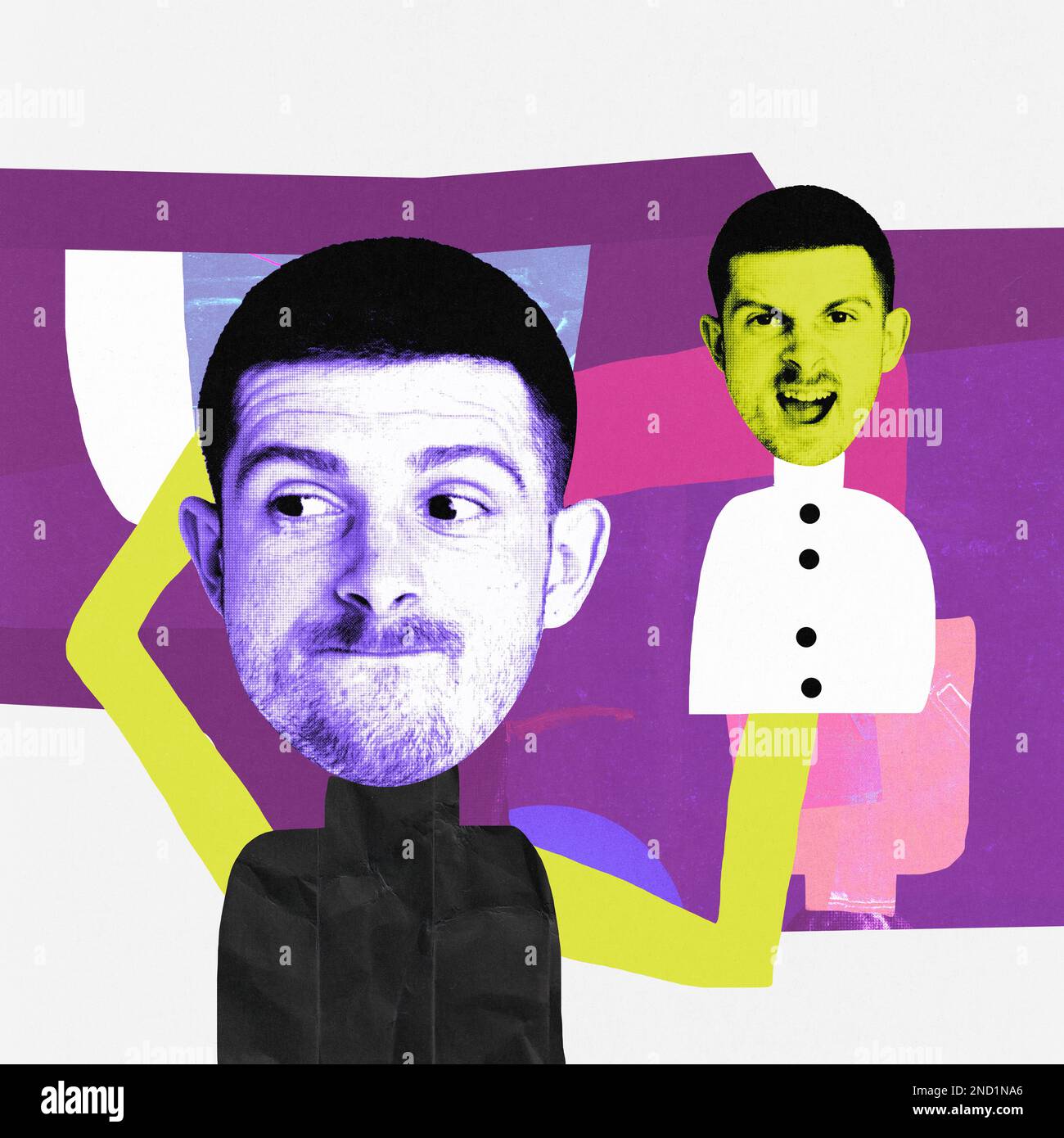 Contemporary art collage. Man with anger facial expression holding ...