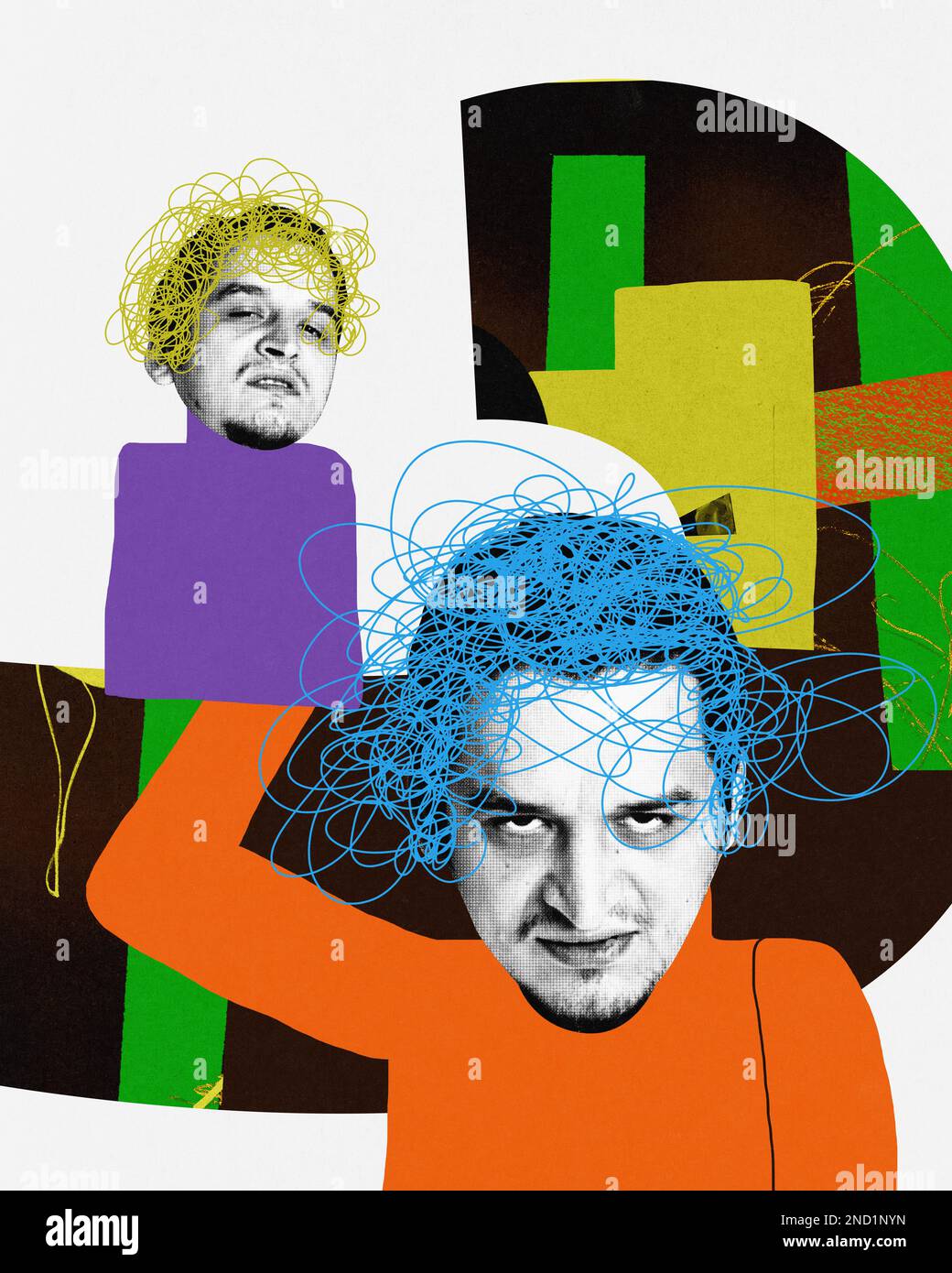 Contemporary art collage. Man with anger facial expression holding ...