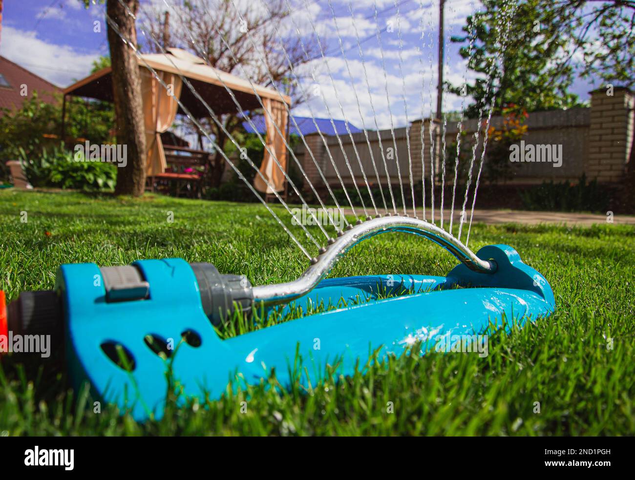 Modern oscillating sprinkler on the mown lawn in the garden Stock Photo ...