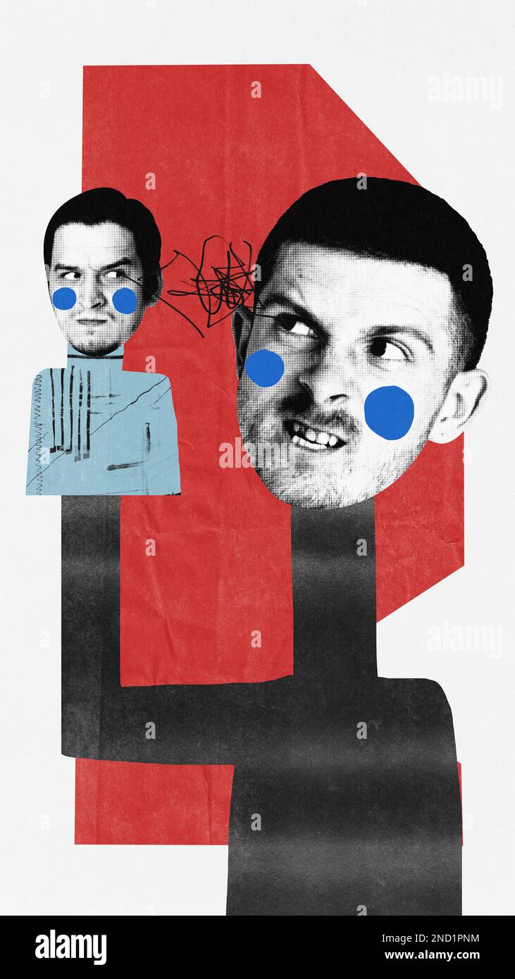 Contemporary art collage. Young man with anger facial expression ...