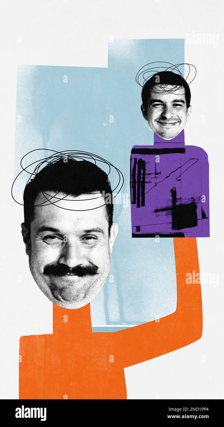 Contemporary art collage. Man with pleased facial expression holding ...