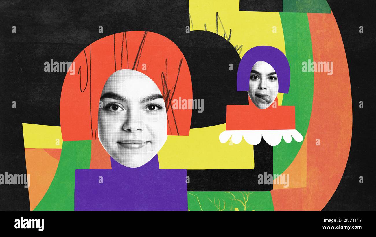 Bright colored conceptual artwork. Woman with her second head in hand ...