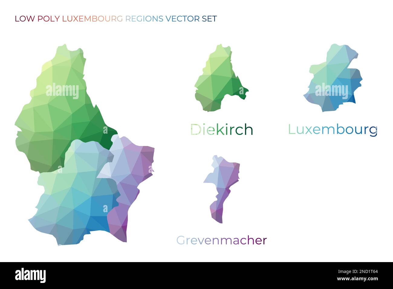 Luxembourg low poly regions. Polygonal map of Luxembourg with regions. Geometric maps for your ...