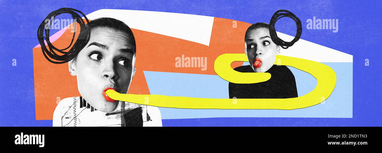 Contemporary art collage. Woman with upset facial expression holding ...