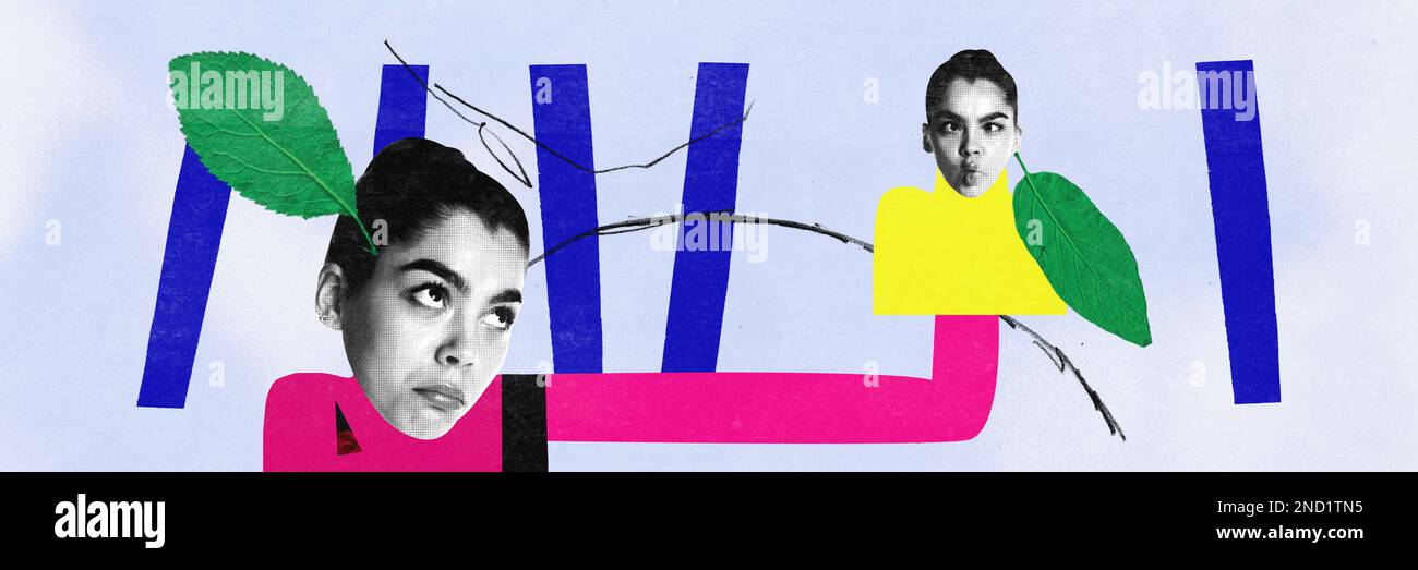 Contemporary art collage. Woman with upset facial expression holding ...