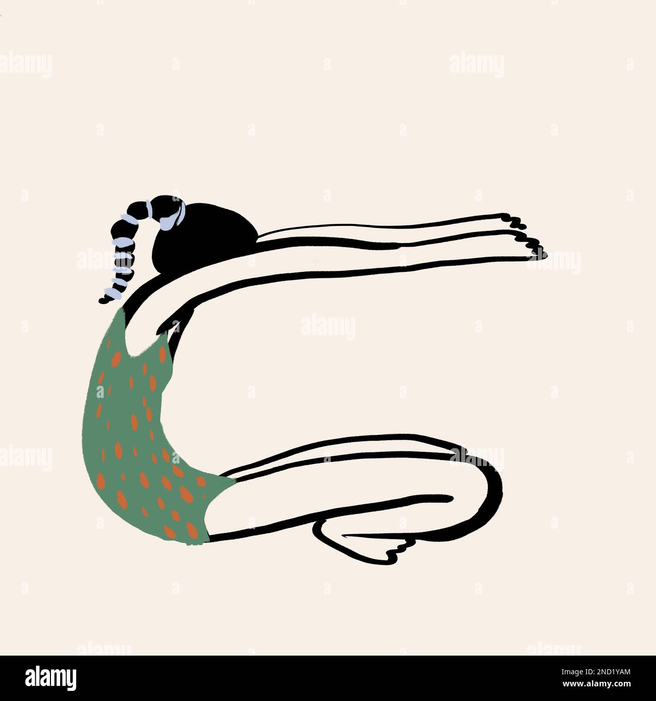 Vector illustration side view of cartoon female in green bodysuit with ...