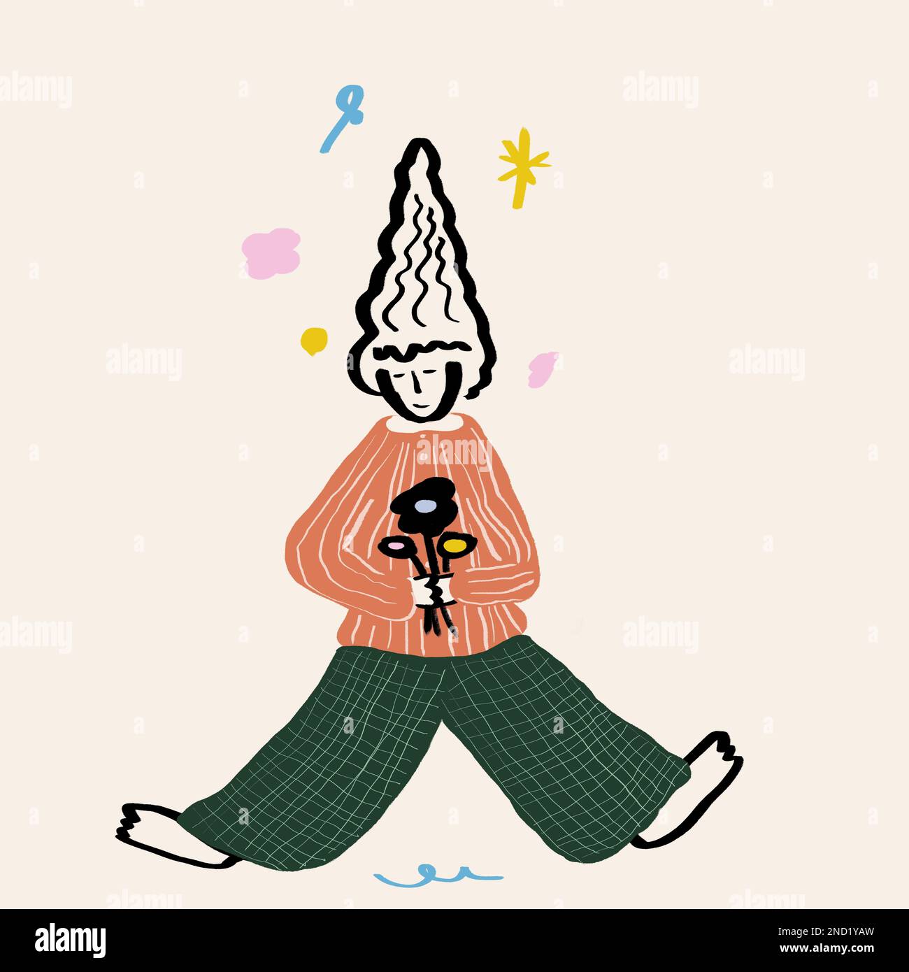 Vector illustration of cartoon female in orange striped sweater and ...