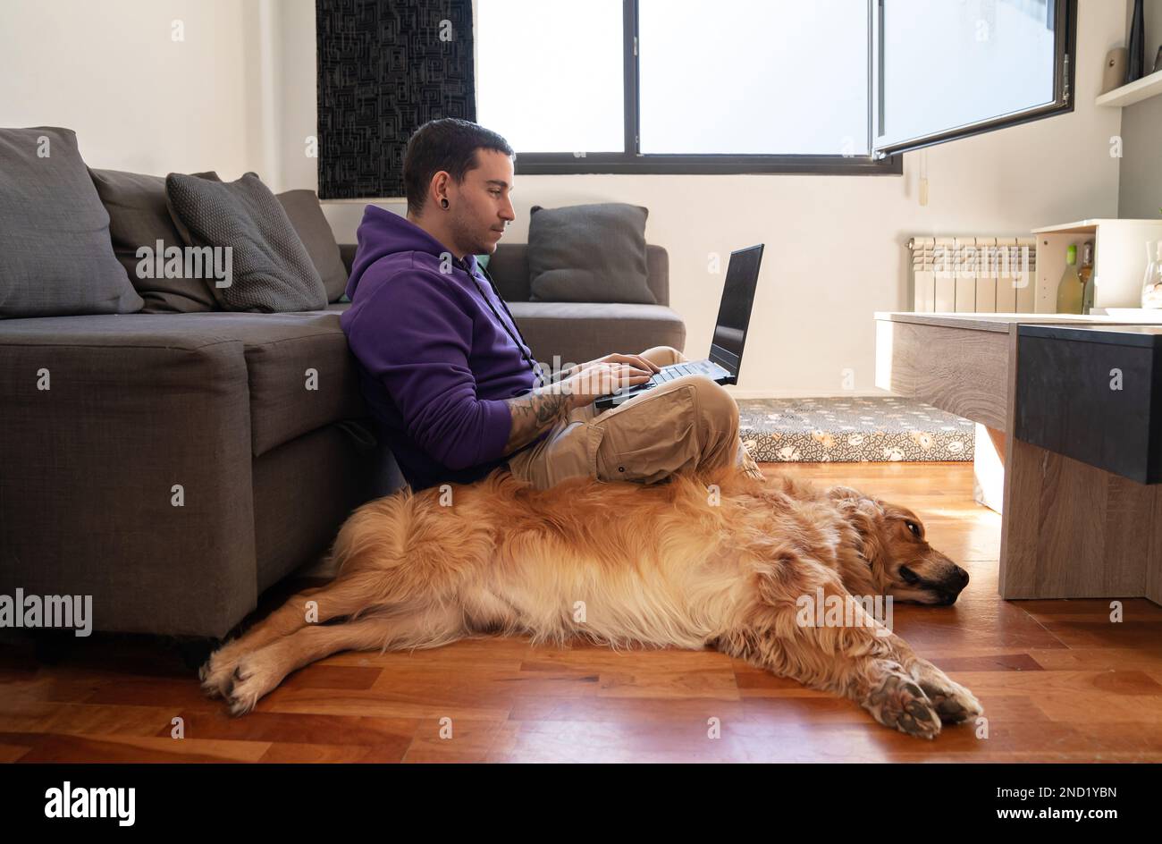 Side view concentrated male owner in casual clothes sitting on floor ...