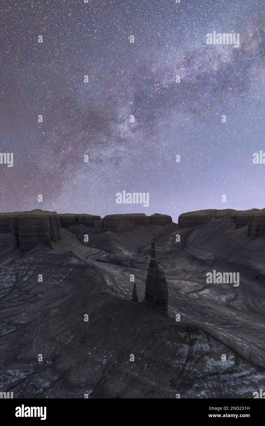 From above scenic view of canyon with rock in center at night under ...