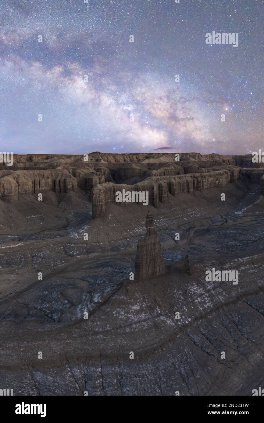 From above scenic view of canyon with rock in center at night under ...