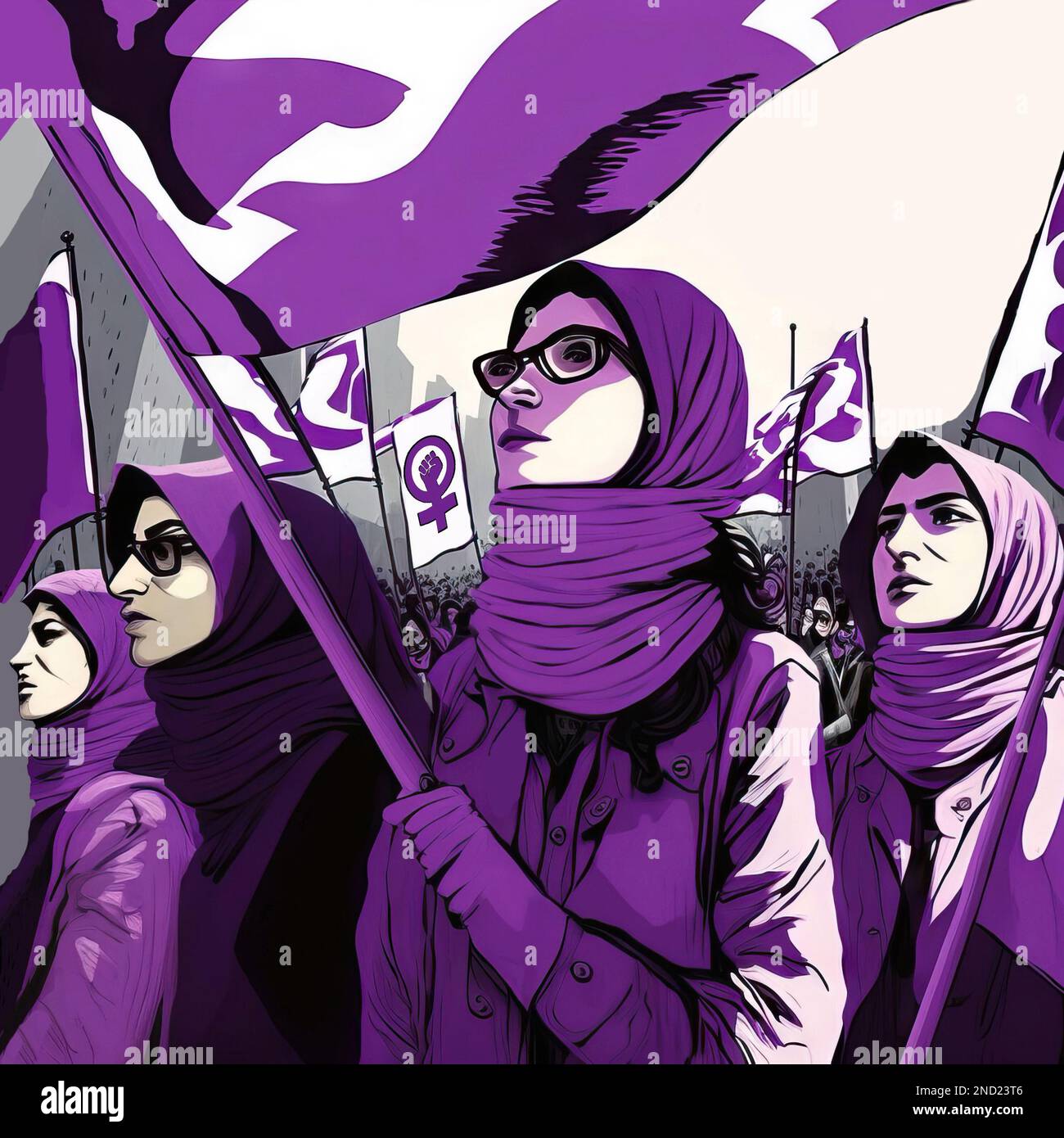 Illustration of Muslim female activists in hijabs waving flags while ...
