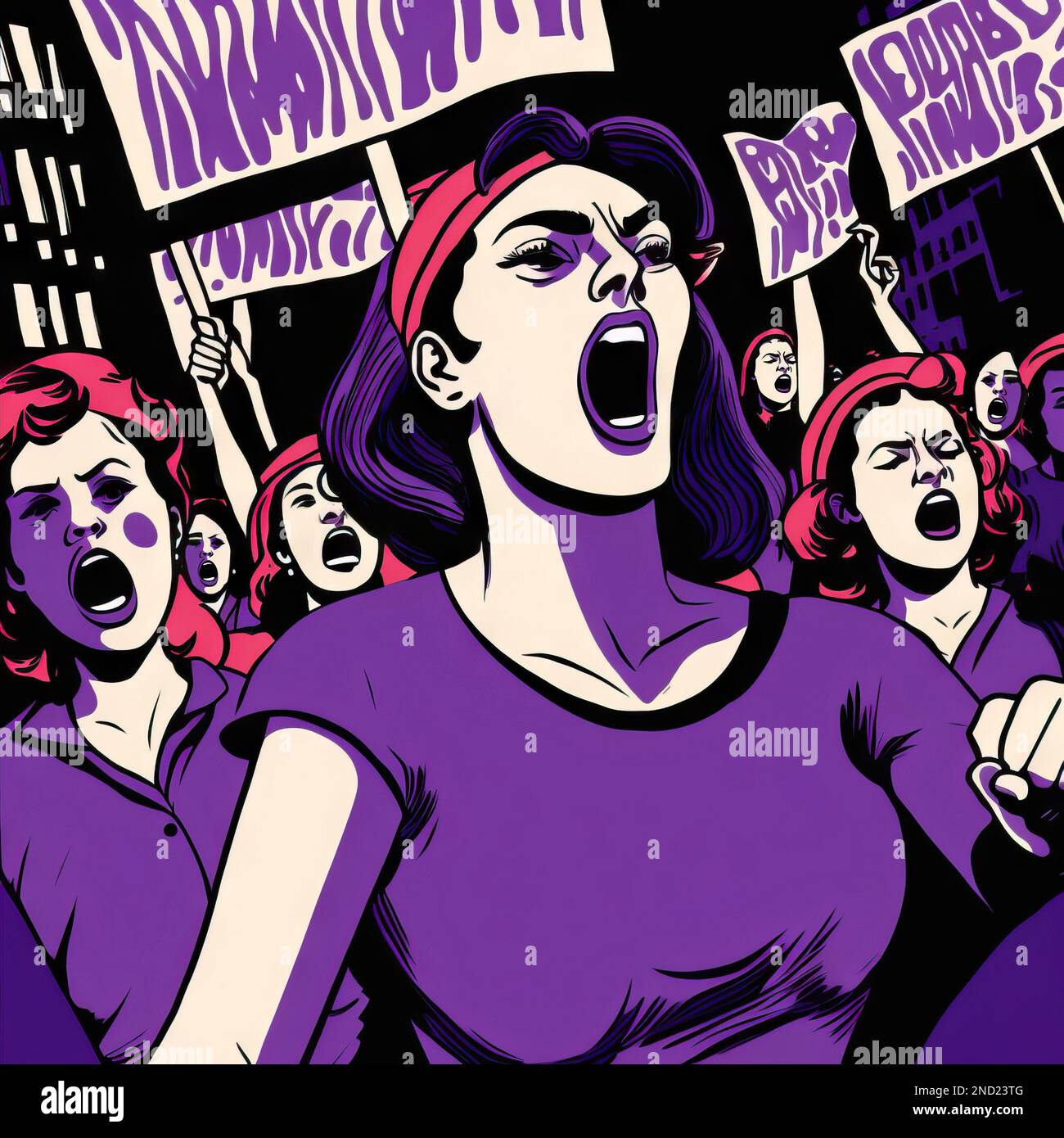 Illustration of female activists with placard screaming during rally ...