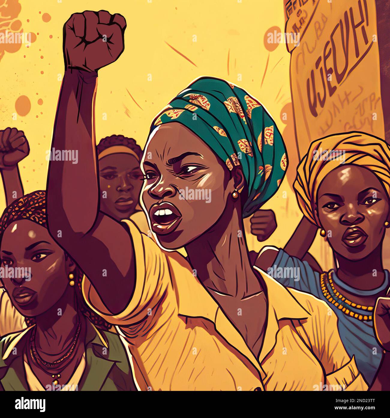 Colorful illustration of feminist African American female activists in head scarfs raising arms ...