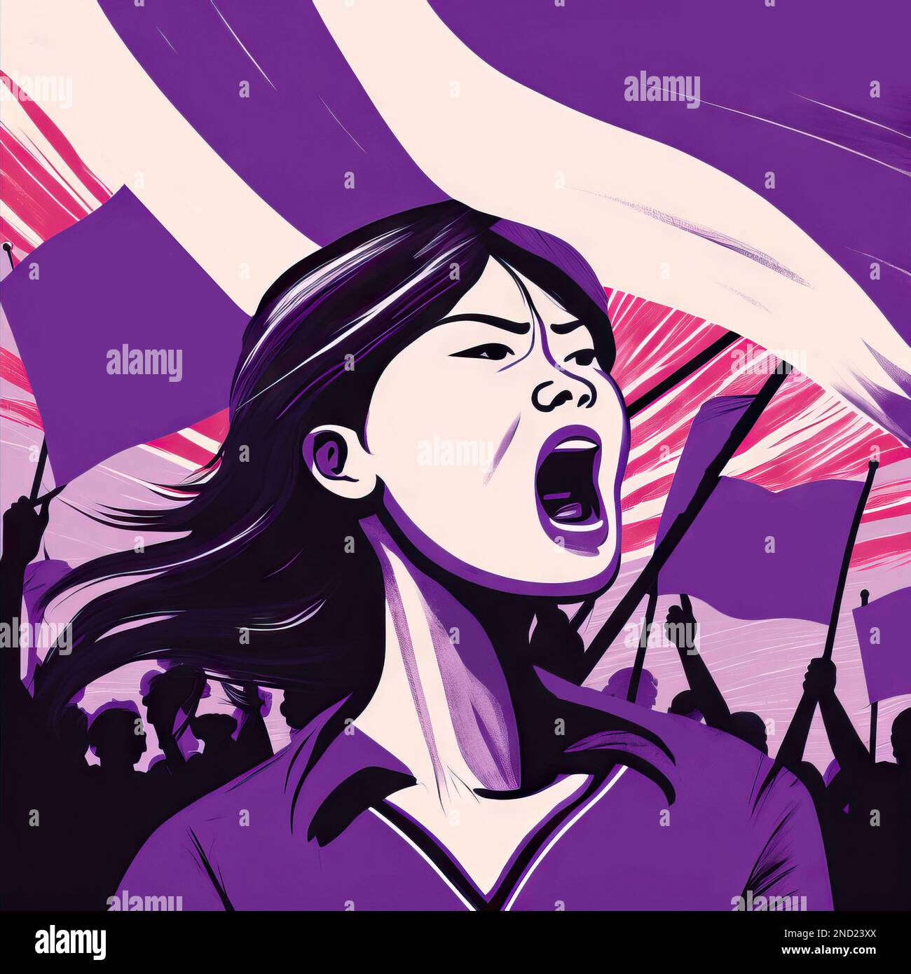 Colorful illustration of Asian woman standing near silhouettes of ...