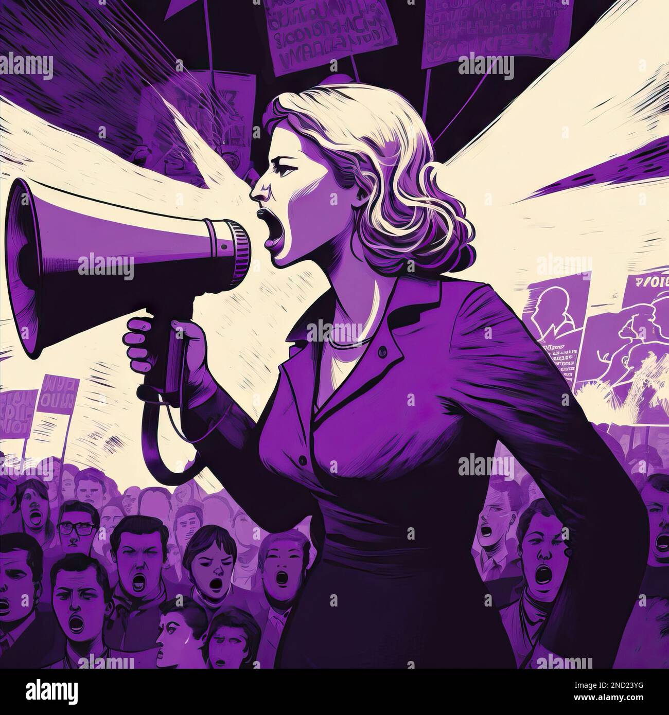 Side view of furious female leader with blond hair shouting in ...