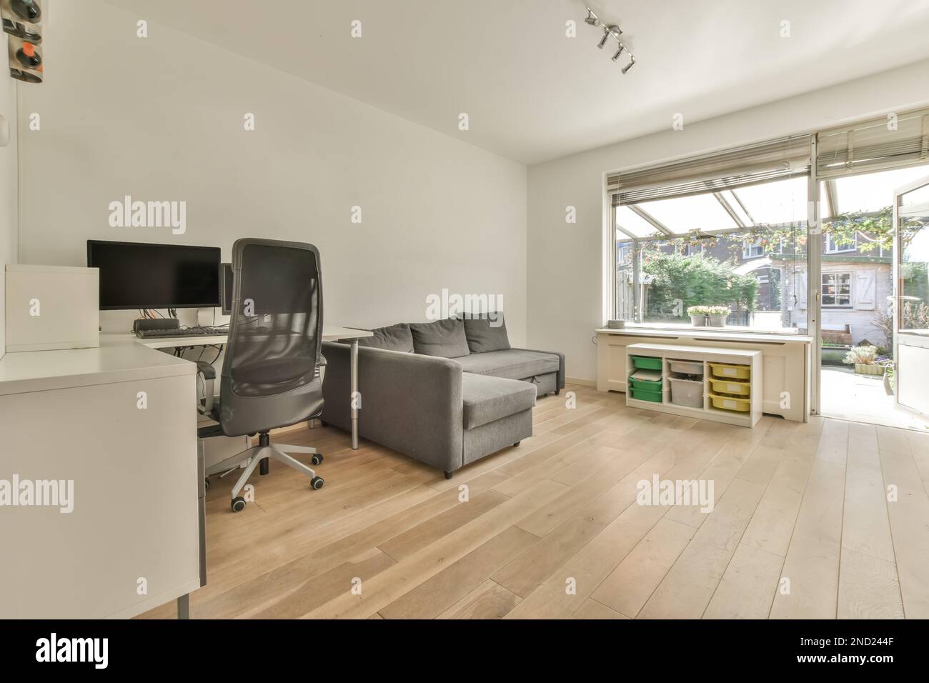 Interior design of modern living room with comfortable sofa and table ...