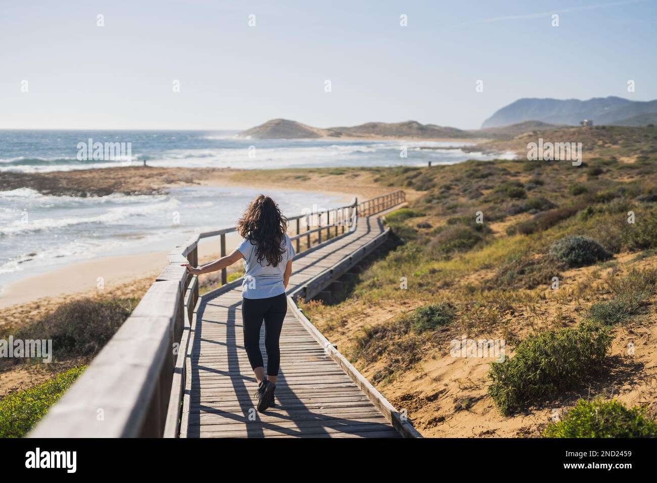 Full body back view of young female traveler in casual clothes standing ...