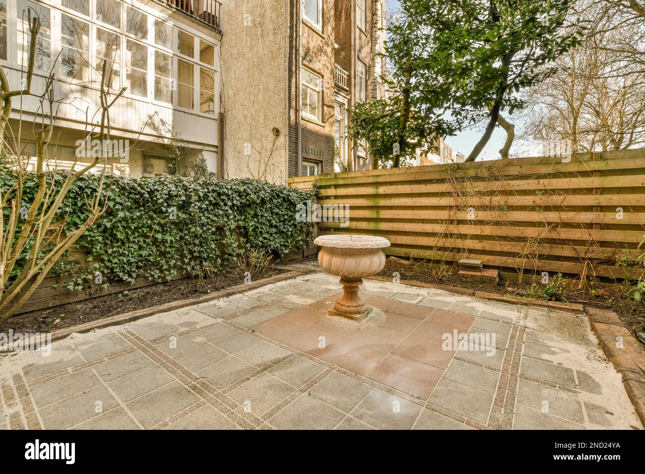 Empty paved terrace with fountain and bushes located near residential ...