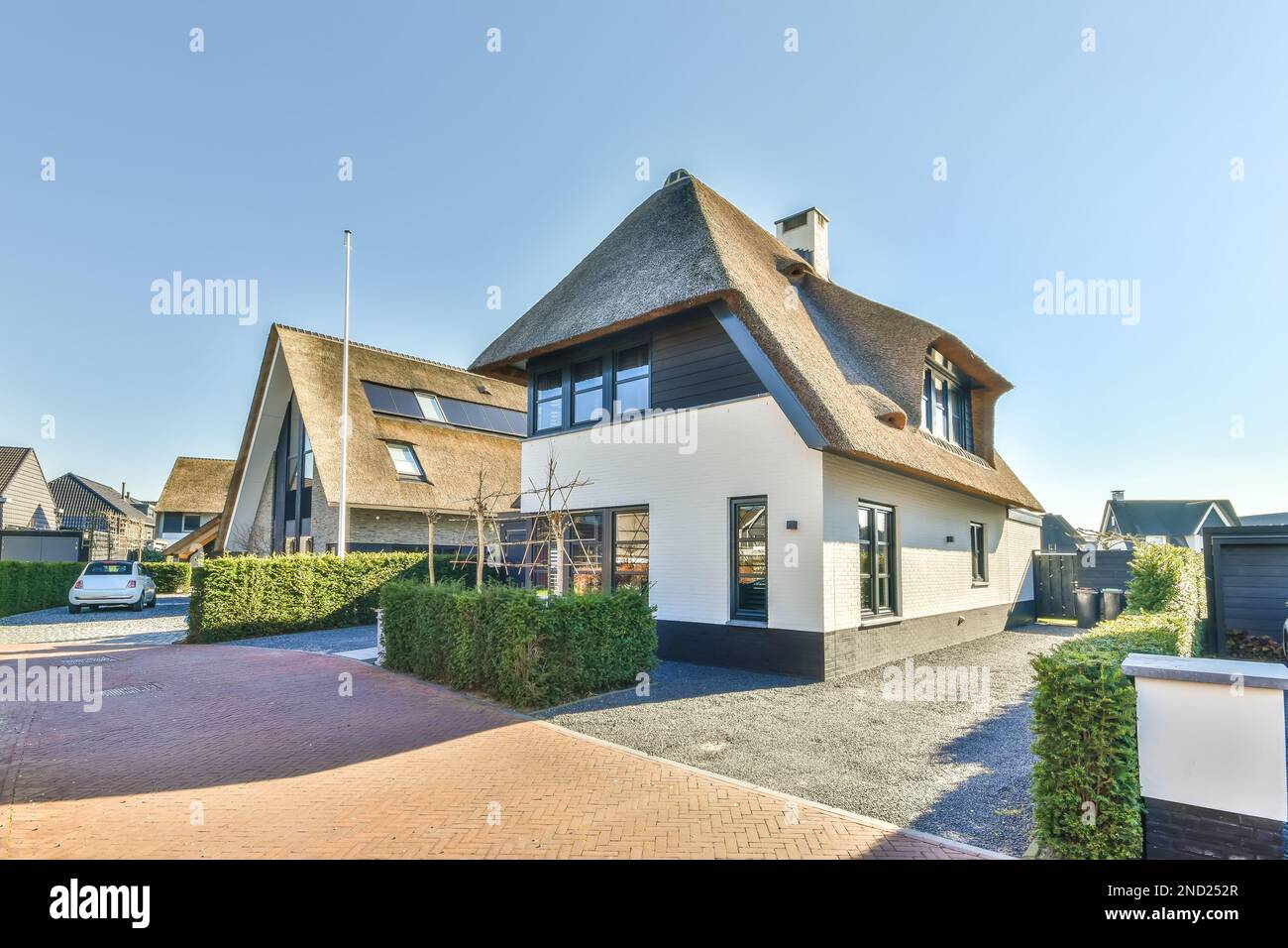 Exterior design of white small contemporary residential cottage with ...