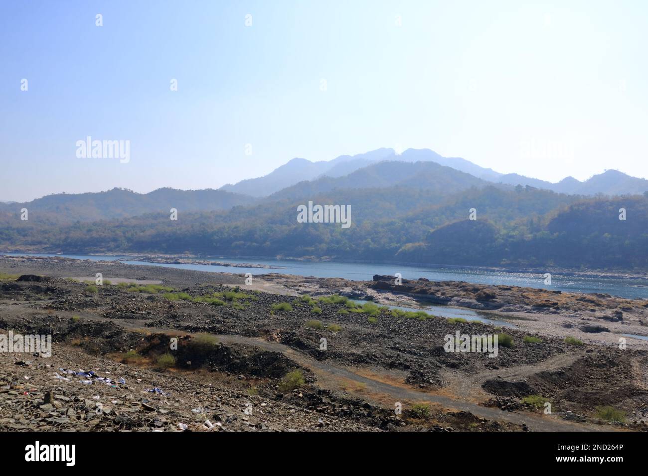 panoramic landscape view of beautiful river Narmada near the Statue of Unity in Gujarat in India ...