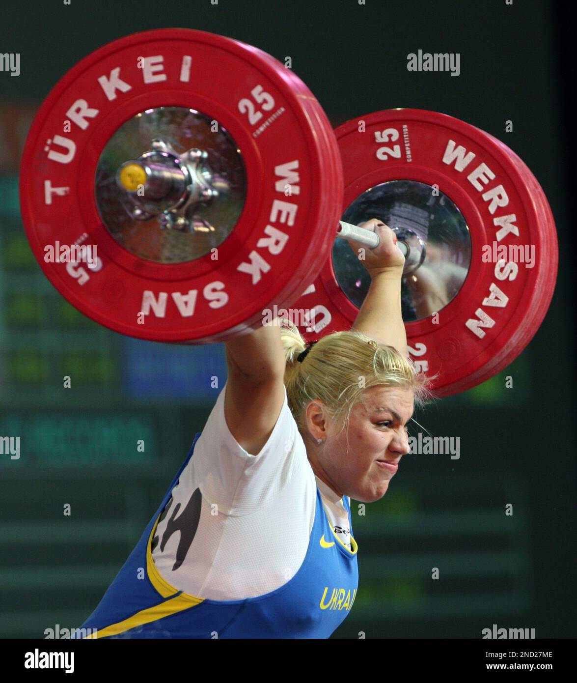 Ukraine's Yuliya Dovhal competes in the Women's +75 kg category at the ...