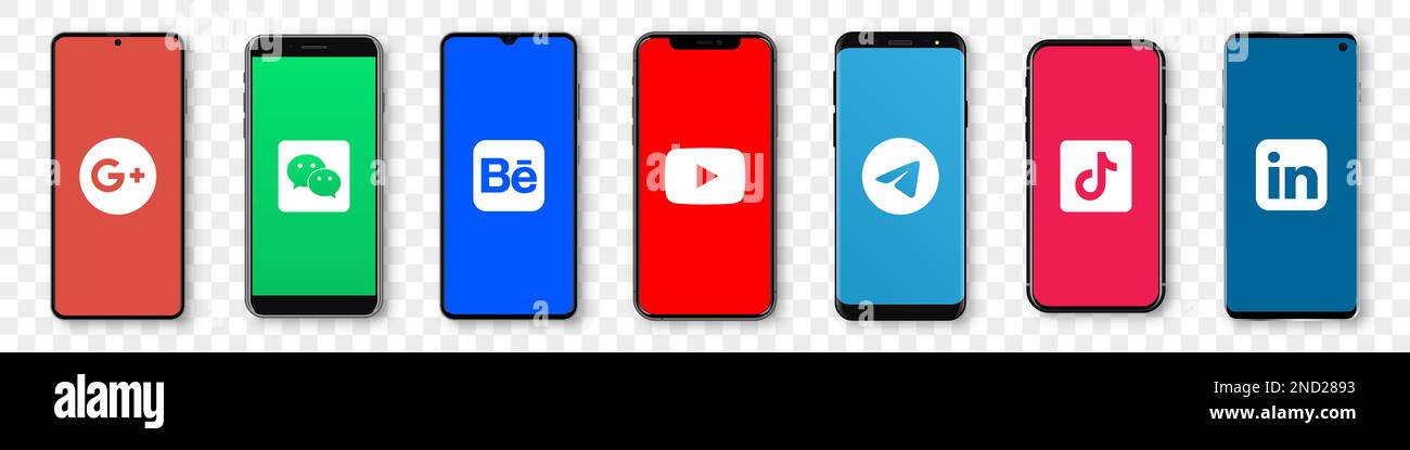 Set of realistic smartphone mockup with social network logos Stock ...