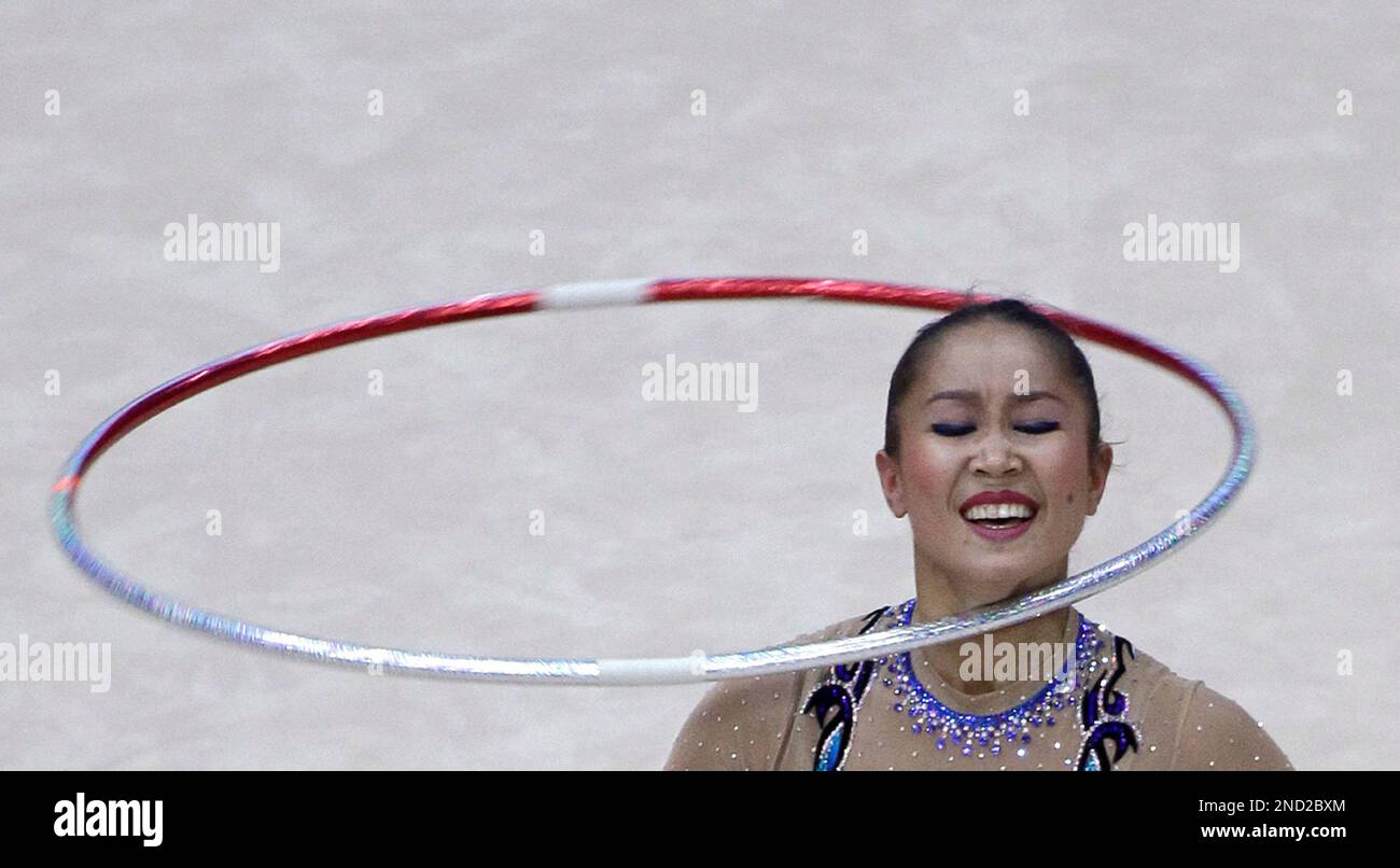 Azerbaijan competitor Aliya Garayeva performs with hoop during the ...