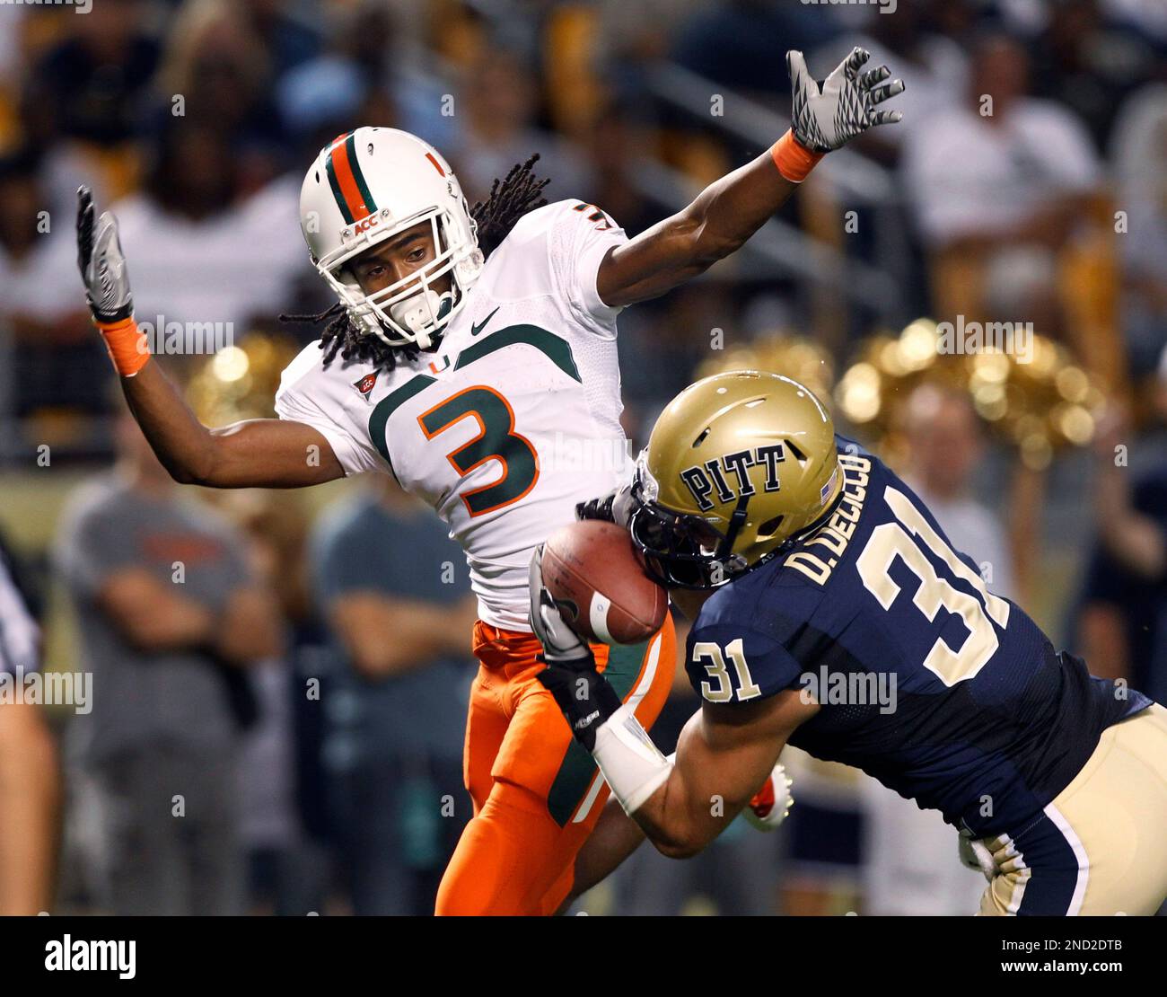 Pittsburgh cornerback Dom DeCicco (31) intercepts a pass in the end ...