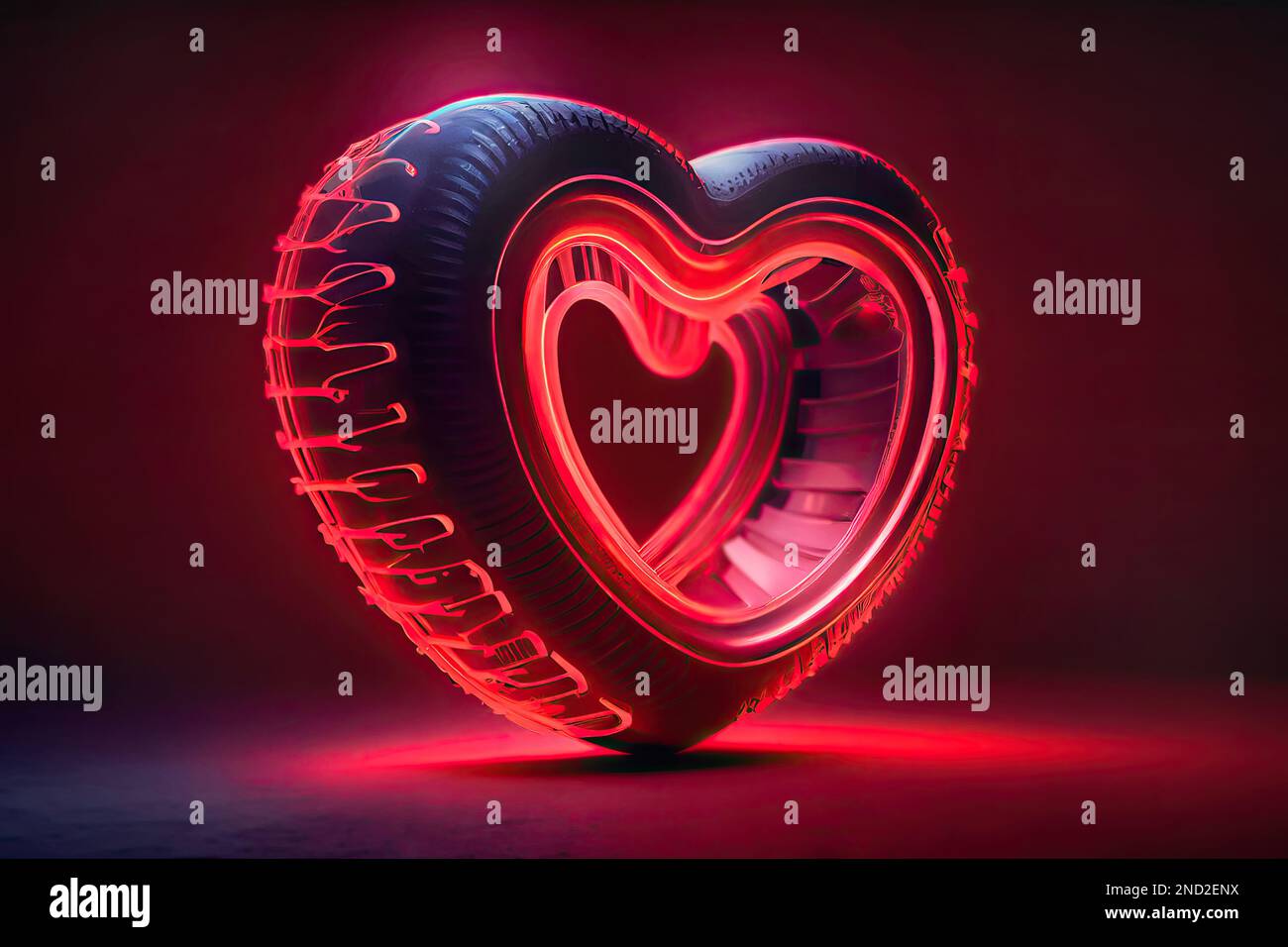 A car tire in the shape of a red glowing heart. A concept about love ...