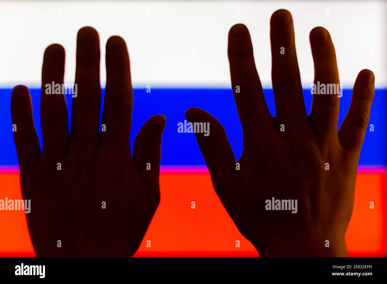 Stop Russian aggresion - Stop gesture hands in front of flag Stock ...