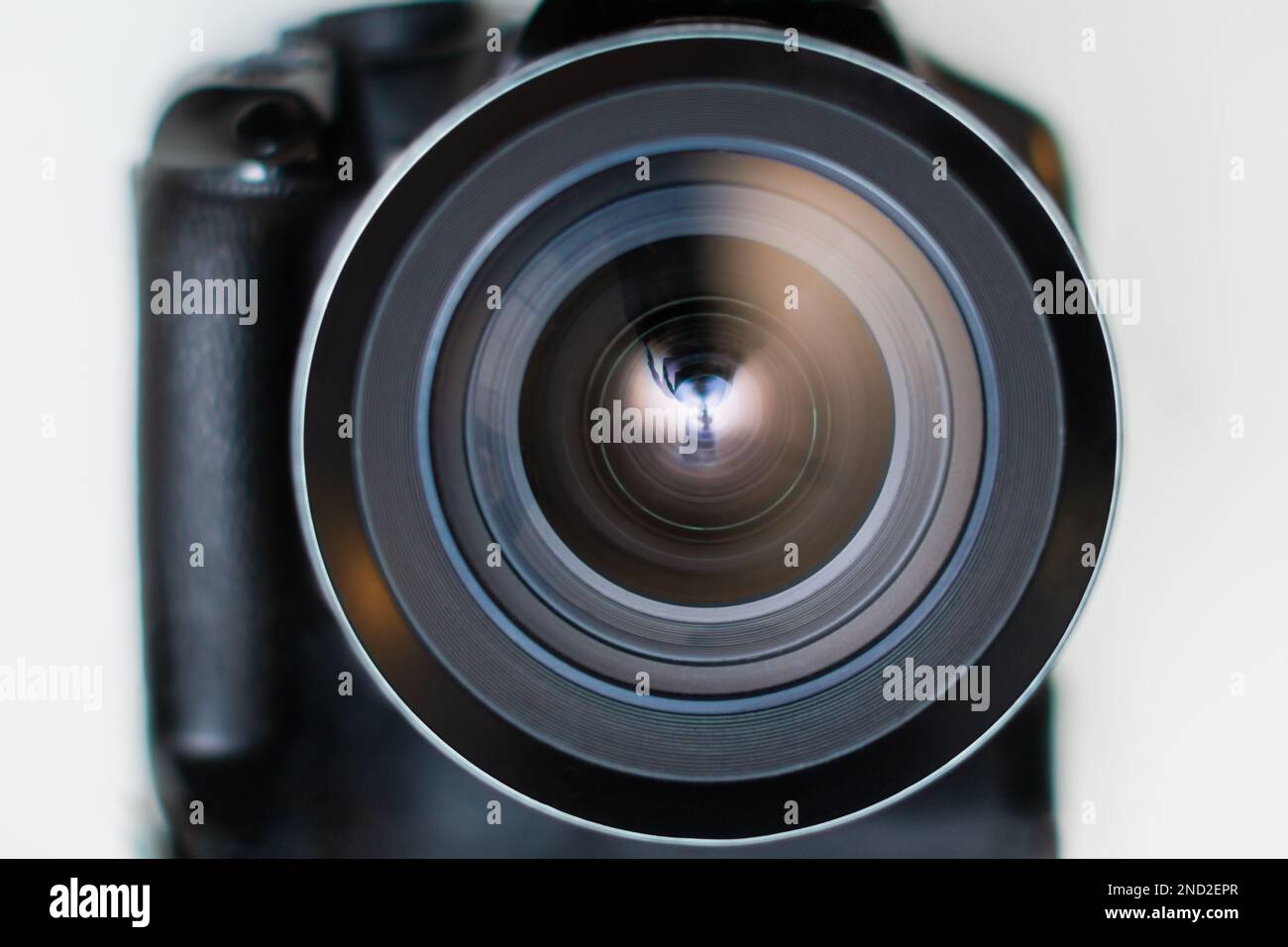 Professional photo camera with attached wide-angle lens - shallow focus ...