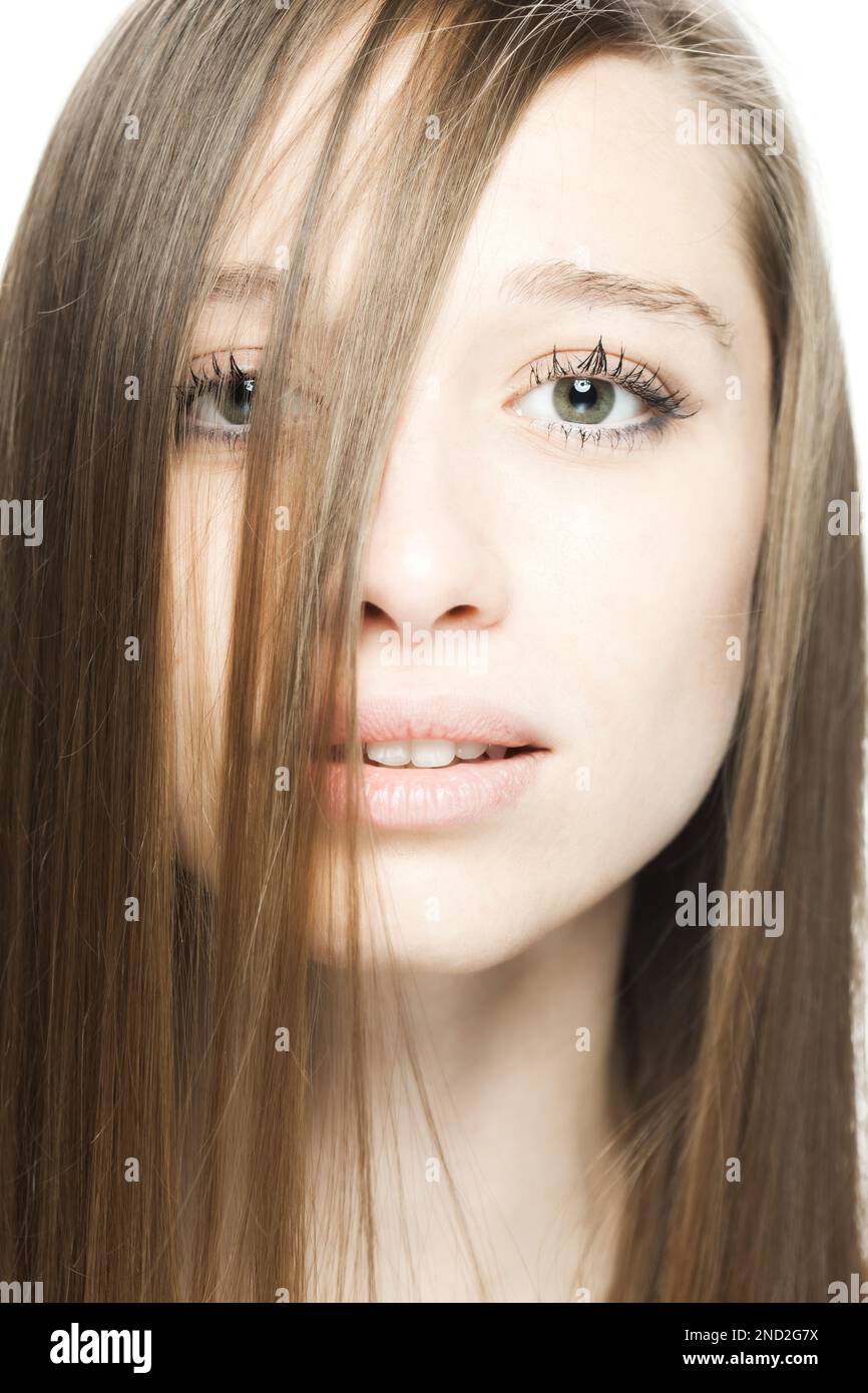 close up studio face portrait of a beautiful brunette girl with happy ...