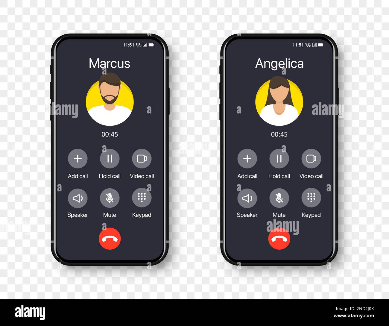 Smartphone call app interface template with man and woman user icon ...