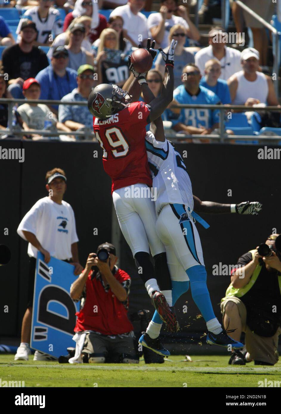 Carolina Panthers cornerback Chris Gamble, right, breaks up a pass ...