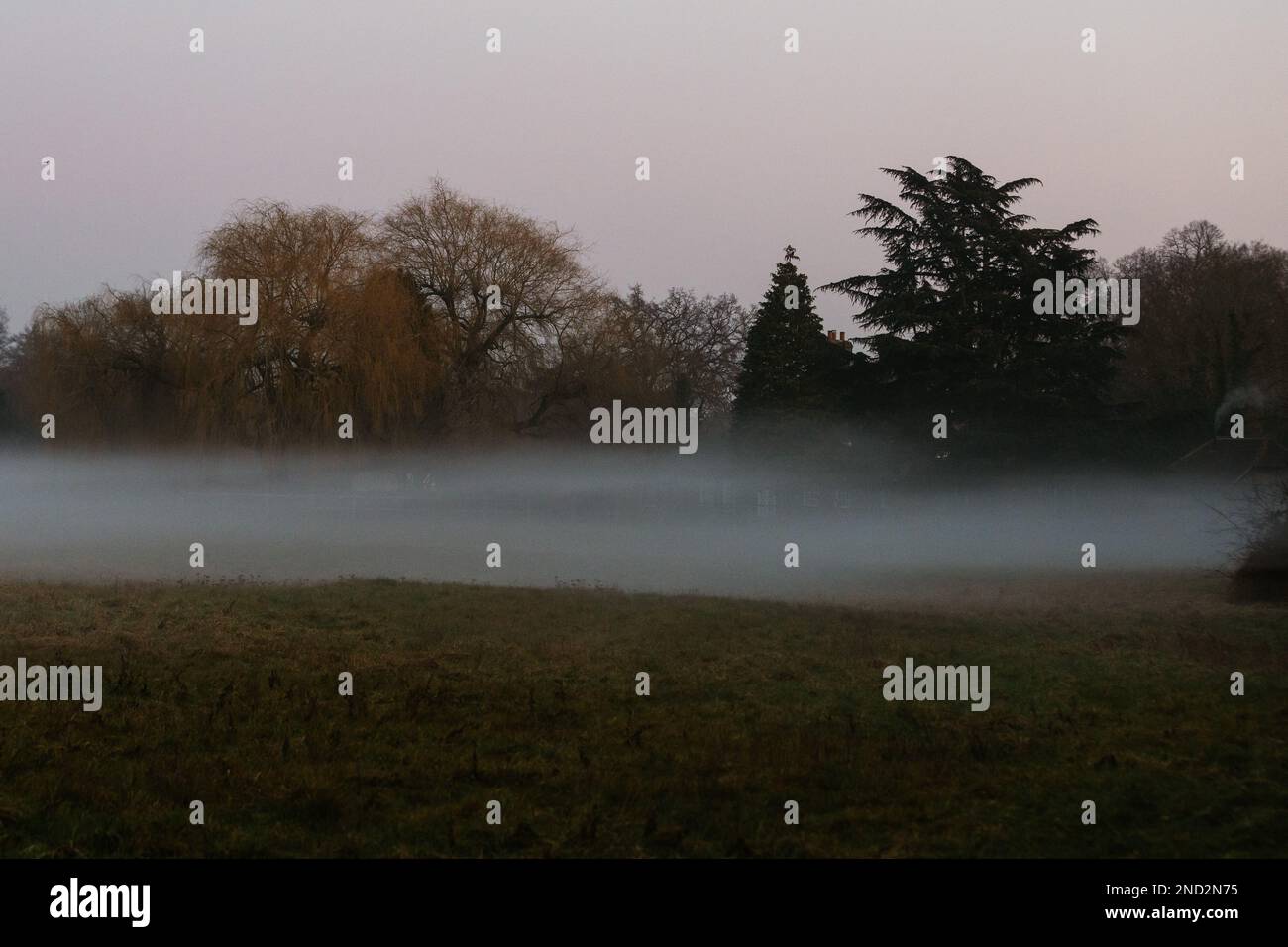 Denham, UK. 14th February, 2023. Ground fog is pictured lying above a ...
