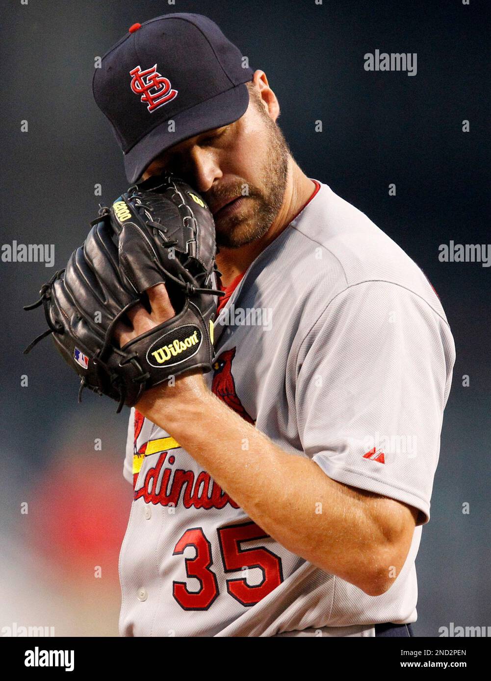 St. Louis Cardinals pitcher Jake Westbrook pauses on the mound during ...
