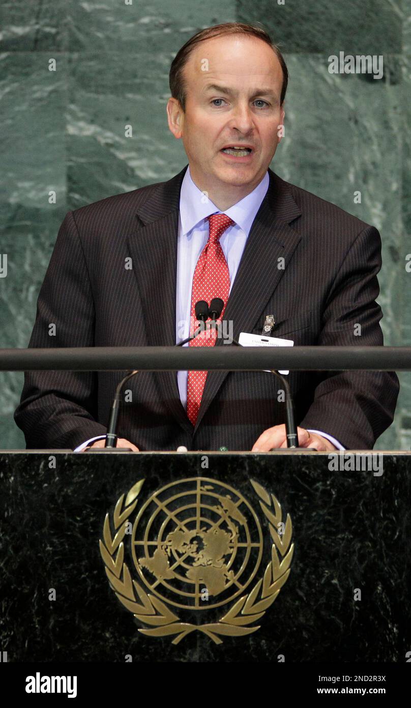 Irish Foreign Minister Micheal Martin addresses a summit on the ...